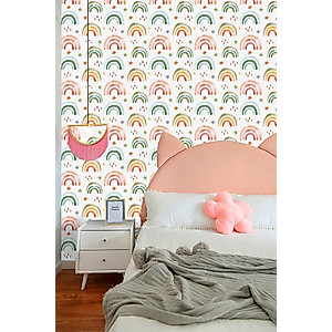 HAOKHOME Peel and Stick Rainbow Wallpaper Cute Raindrop Stars White/Orange/Green Removable for Nursery Kids Bedroom Decor 17.7in x 118in