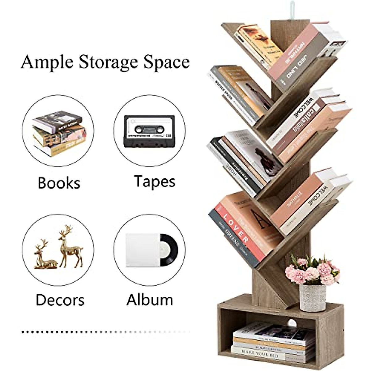 Hoctieon 2-Set Tree Bookshelf, 4 Shelf Bookcase, Modern Book Storage, Free Standing Tree Bookcase, Utility Organizer Shelves for Home Office, Living Room, Bedroom, Light Brown