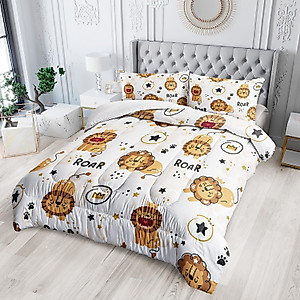 AILONEN Kids Lion Comforter Set Twin Size, 3 Pieces Kawaii Bed in a Bag,Cute Lion Kids Bedding Set for Boys Girls,Cartoon Animal Pattern Quilt with 2 Pillowcases