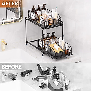 NUTSAAKK Under Sink Organizers and Storage, Kitchen Cabinet Organizer with Sliding Drawer, Upgraded Bathroom Organizer Under Sink, 2 Tier kitchen sink organizer, for Cabinets, Bathroom, Kitchen, Black