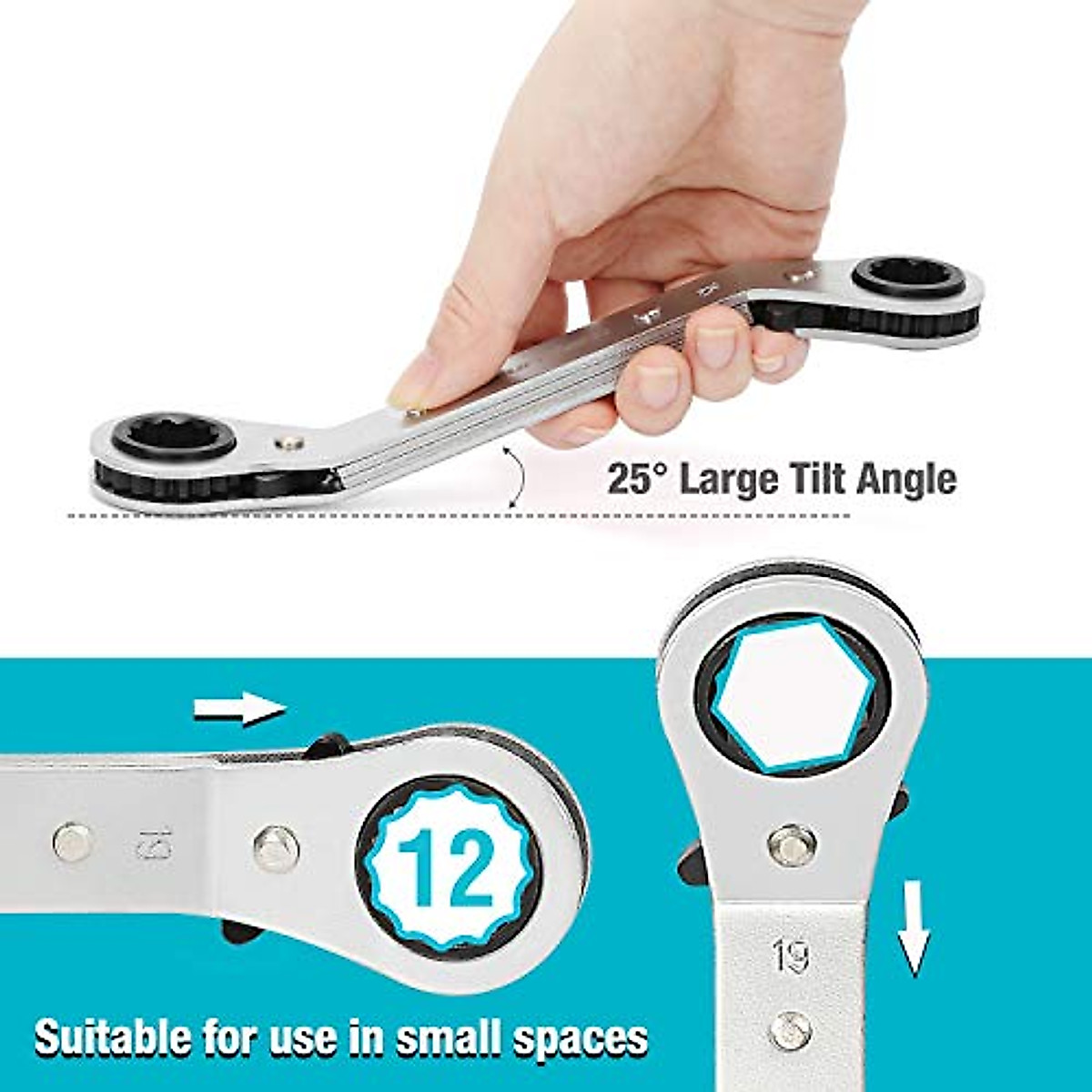 DURATECH 5 Pc Double Offset Box End Reversible Ratcheting Wrench Set Metric, Heavy-duty, Matte Chrome Plated, Ratchet Spanner Crooked for Narrow Spaces (6x8mm, 10x12mm, 13x14mm, 15x17mm, 19x21mm)