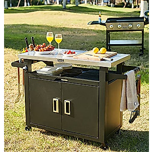 NUUK Pro 42-Inch Rolling Outdoor Kitchen Island and BBQ Serving Cart, with Heavy Duty Wooden Cutting Board and Propane Tank Holder