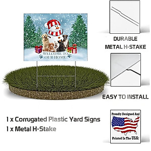 Garden Lawn Sign Christmas Welcome to Our Home Dogs and Snowman Corrugated Yard Sign Quotes Holiday Snowman for Garage Sales Rent Open House Construction 12"x18"
