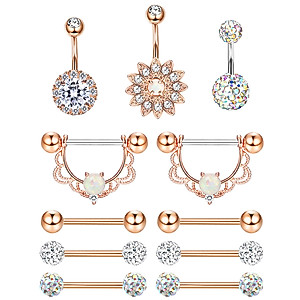 ORAZIO 11 PCS 14G Stainless Steel Nipplerings Nipple Tongue Belly Button Rings CZ Opal Barbell Body Piercing Jewelry