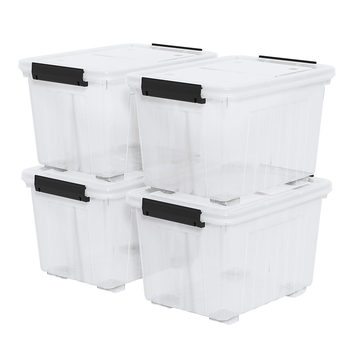 Zopnny 30 Quart Plastic Stacker Box, Large Storage Bin Container with Latching Lids and Wheels for Home and Garage Organizing, Shoes, Tools, Clear Base, 4-Pack