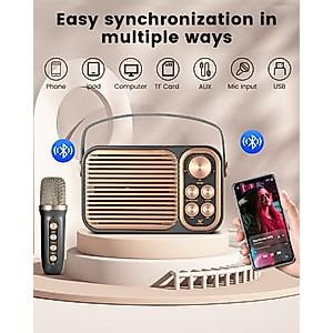 ALPOWL Mini Karaoke Machine for Adults Kids, Portable Bluetooth Speaker with Retro Radio Appearance, One-Click to Cancel The Original Sound for Home Party, Outdoor/Indoor