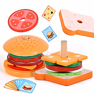 eamve Montessori Toys for Toddlers,Wooden Burger Sandwich Sorting & Stacking Toys for Toddlers and Kids Preschool,Burger Sandwitch Wooden Preschool Educational Toys for Gift 3,4,5 Years Old(2 Sets)