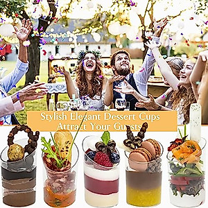 TOFLEN 50 Pack Mini Dessert Cups with Spoons - 2.2 oz Clear Plastic Parfait Cups Reusable Party Serving Cups for Appetizers - Round Slanted Dessert Shot Glasses