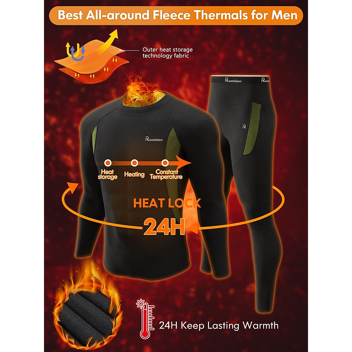 romision Thermal Underwear for Men- Fleece Lined Long Johns Winter Hunting Gear Base Layer Top & Bottom Set for Cold Weather A-Black