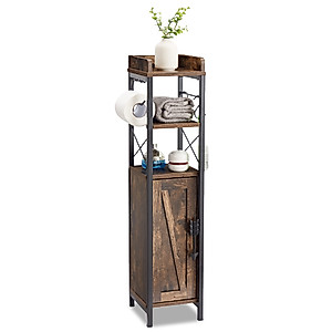 VECELO Small Bathroom Cabinet,Slim Toilet Paper Holder with Door & 2 Shelves, Upgraded Narrow Storage Organizer for Restroom Bathroom Tiny Space,Fenced Top Waterproof Coating, Rustic Brown
