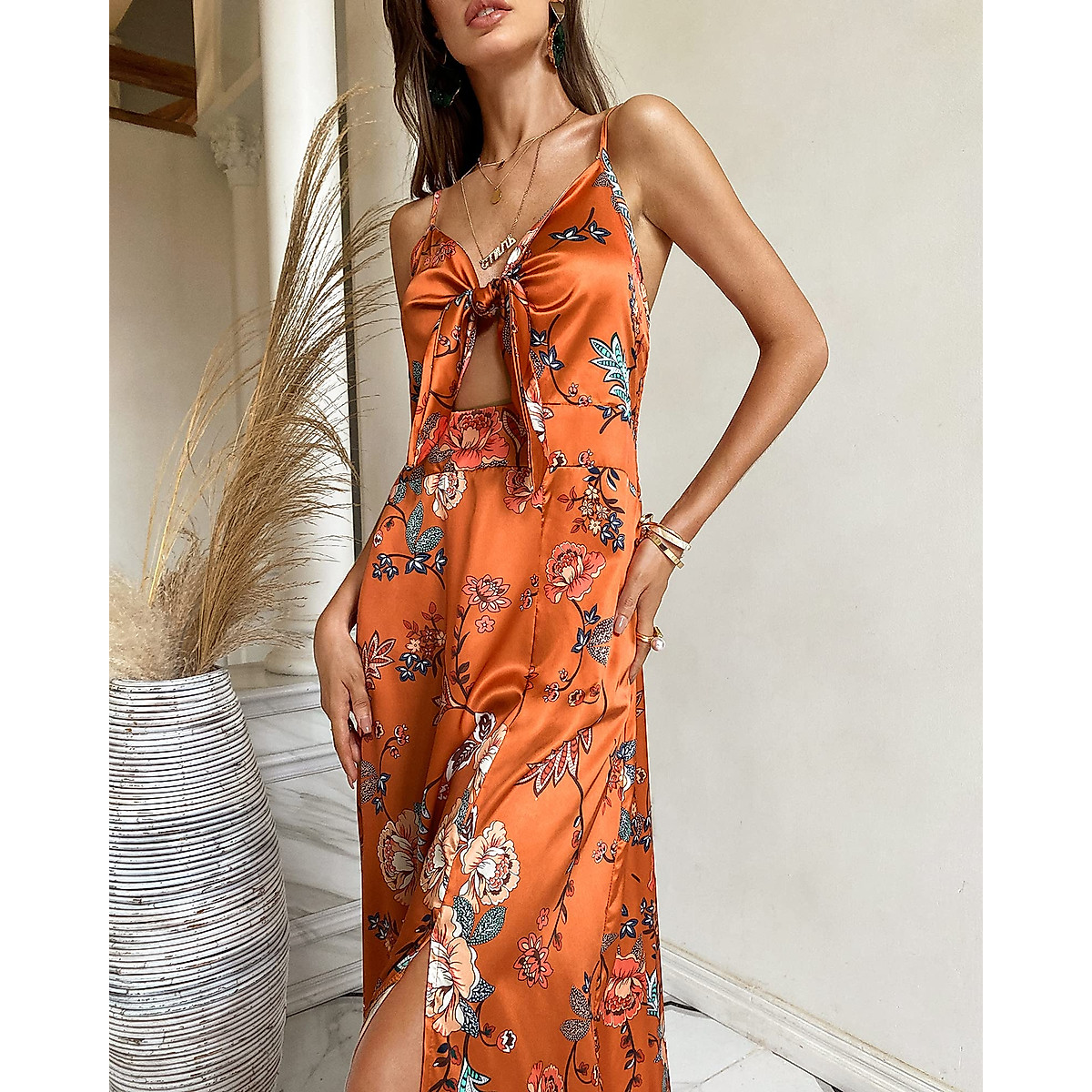 Fashionme Women Spaghetti Strap Midi Satin Dresses Tie Front Backless Split Summer Casual Floral Dress Hollow Flowy Slip Dress Sundress Wedding Guest Beach Cocktail Graduation Orange