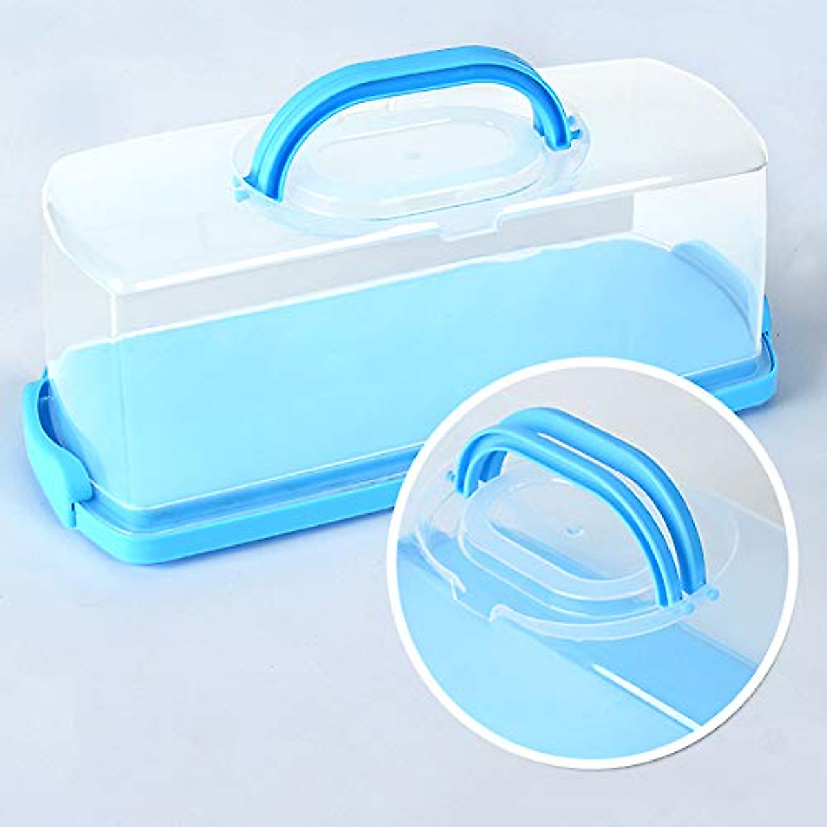 Agyvvt Portable Bread Box with Handle Loaf Cake Container Plastic Rectangular Food Storage Keeper Carrier 13inch Translucent Dome for Pastries, Bagels, Bread Rolls, Buns or Baguettes (Blue)