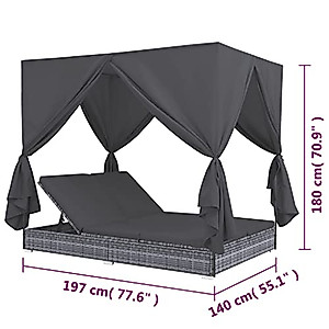 vidaXL Outdoor Lounge Bed with Curtains Poly Rattan Gray