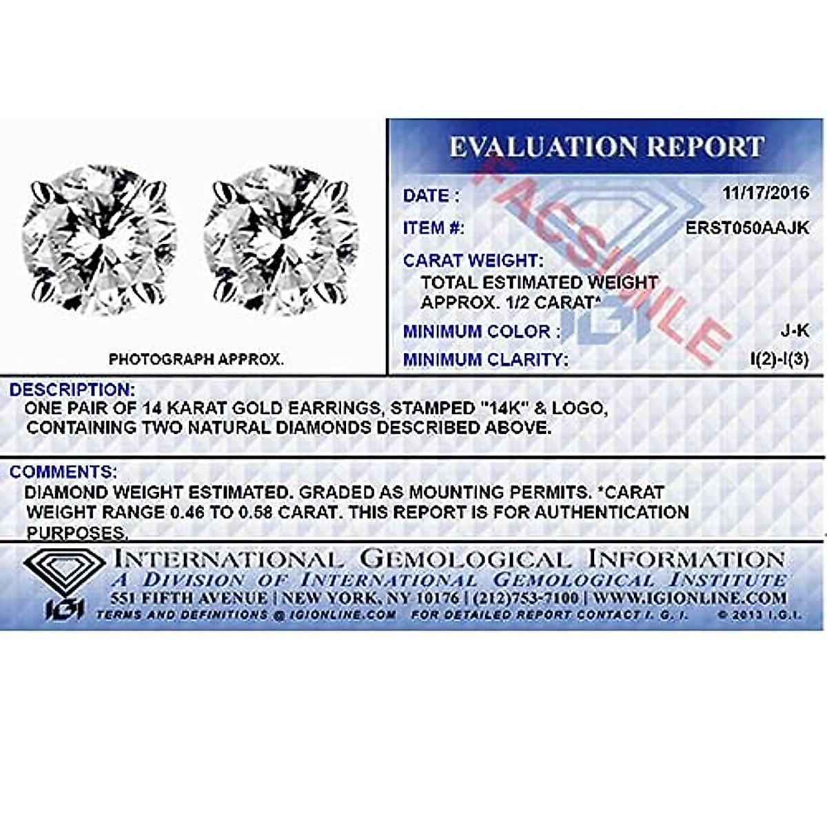 IGI Certified 1/2ct tw Round REAL Diamond Solitaire Stud Earrings for Women set in 14K White Gold with Screw-Backs