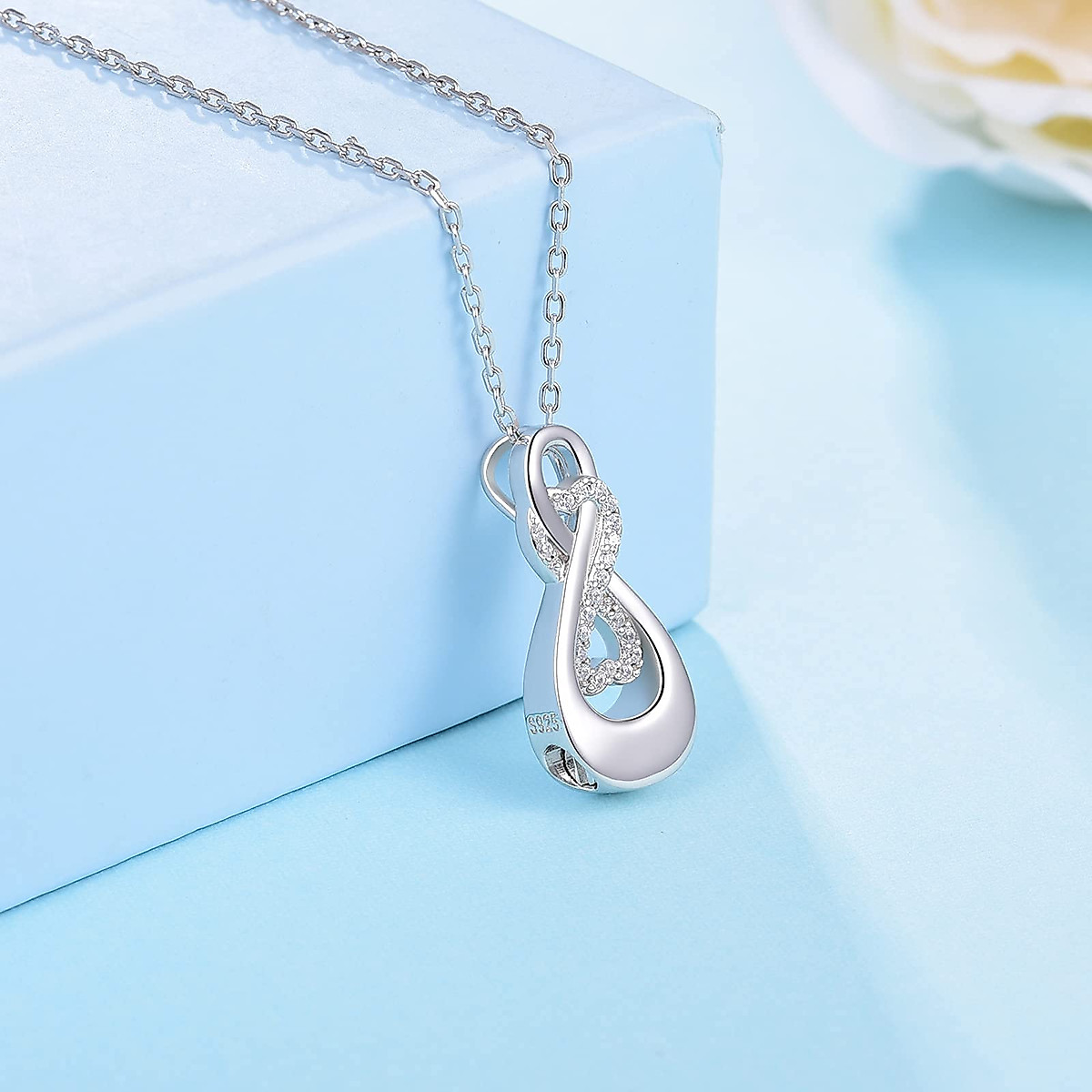 ZGBY S925 Sterling Silver Necklace for Ashes Infinity Urn Necklaces Teardrop Cremation Jewelry for Ashes Keepsake Memorial Pendant for Women Men Loved Ones (White)