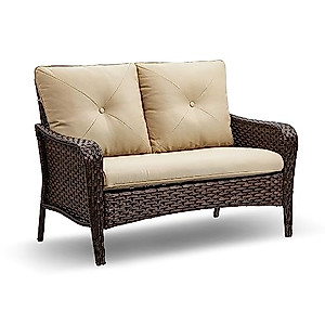 HUMMUH Outdoor Loveseat Sofa,2-Seater PE Wicker Outdoor Couch Porch High Back and Deep Seat Sofa Furniture for Backyard, Deck, Poolside （Brown/Beige）