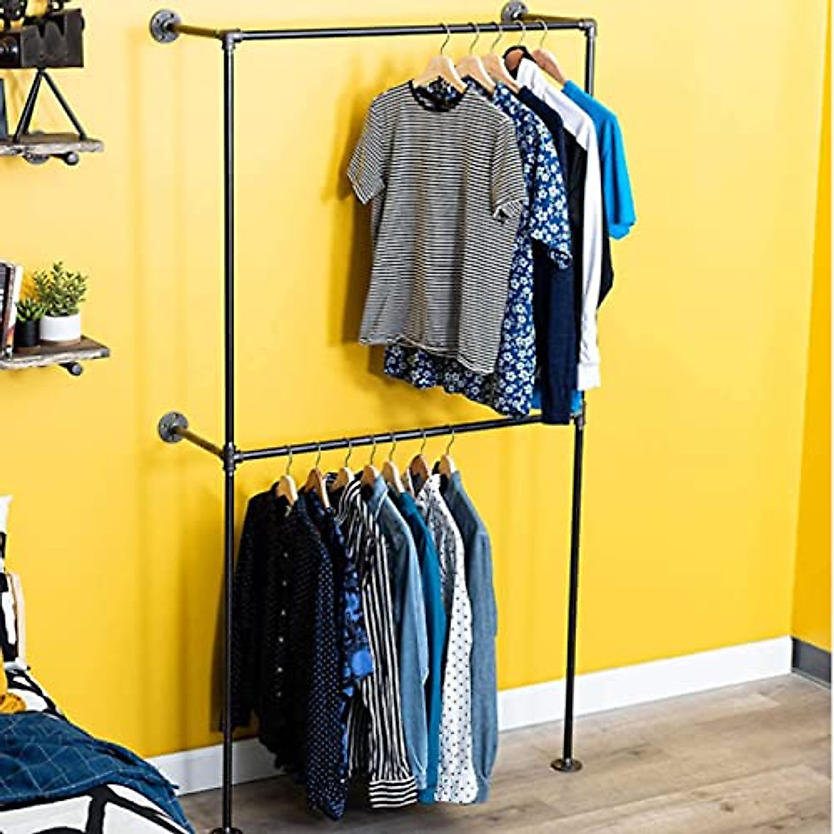MYOYAY Industrial Pipe Clothes Rack Metal Clothing Garment Rack Wall Mounted Black Iron Garment Bar Multi-Purpose Hanging Rod Clothes Shelves for Closet Storage 47.24 x11.81 x 90.55 inches
