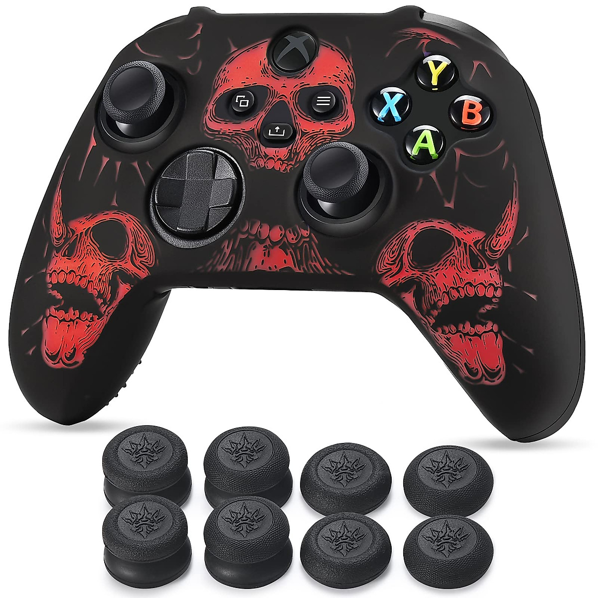 YoRHa Laser Carving Silicone Skin for Xbox Series X/S Controller x 1(Skulls Red) with Exclusive Thumb Grips x 8