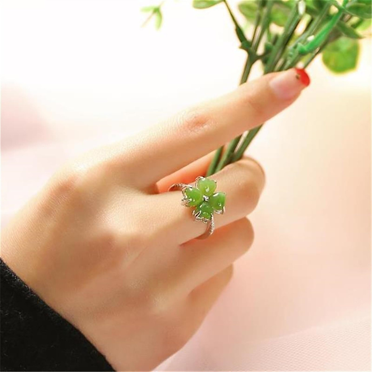 LSCZSLYH Classic Jade Green Clover Ring For Lady Anniversary Accessories Gift Fashion 925 Sterling Silver Ring Women Jewelry Adjustable (Gem Color : Ring)