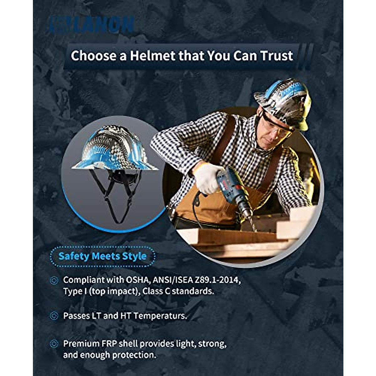 LANON Full Brim Hard Hat, OSHA Construction Work Approved, Blue Pattern Design, FRP Safety Helmet with 4 Point Adjustable Ratchet Suspension, Class C