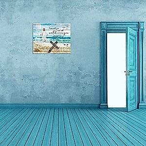 Christian Inspirational Decor Wall Art Jesus and Cross on Beach Picture Motivational Scripture Bible Verse Canvas Prints Teal and Blue Framed Artwork for Living Room Bedroom Bathroom Large 16"x12"