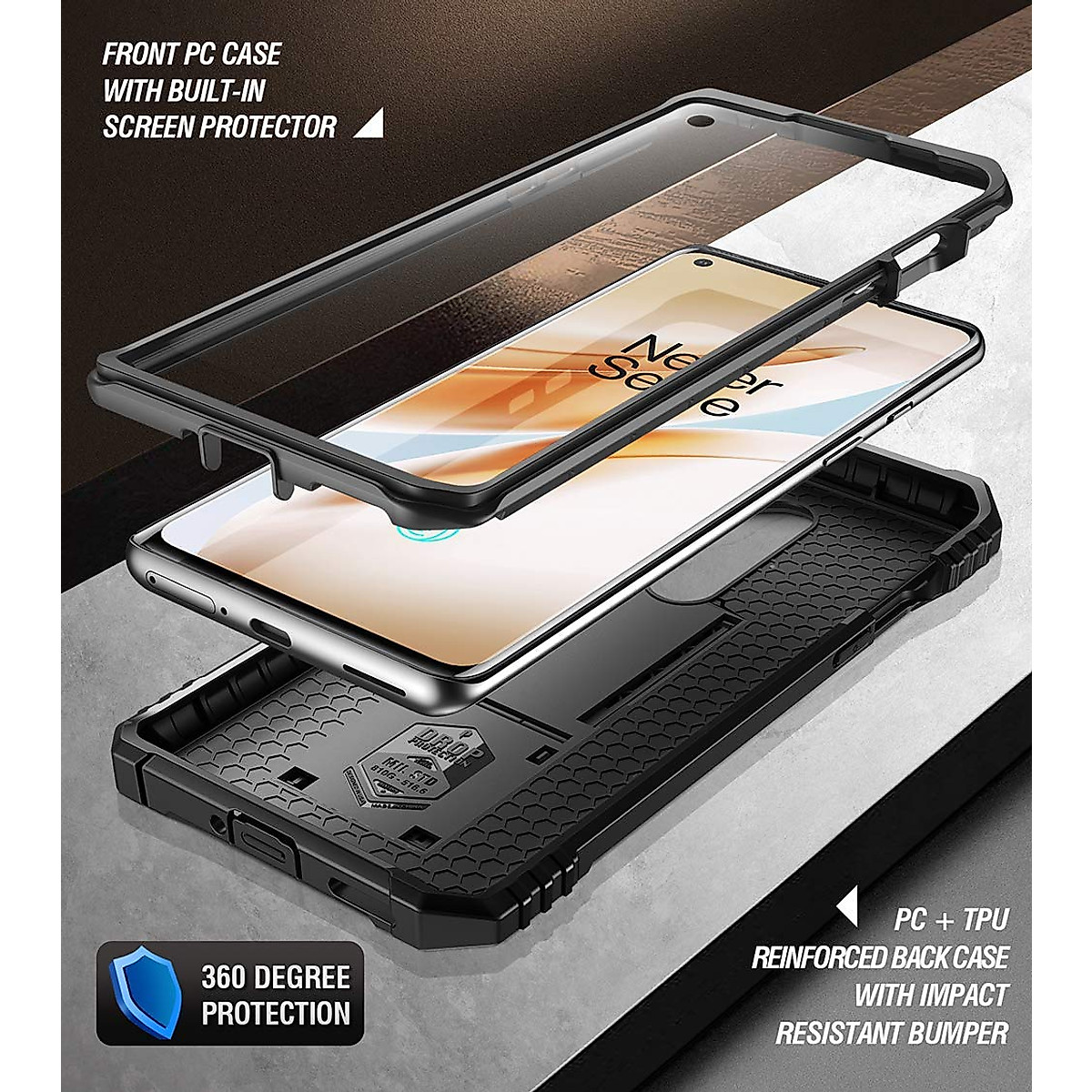 Poetic Revolution Phone Case for Oneplus 8 Case, [Not Compatible with Verizon Version] Full-Body Rugged Dual-Layer Shockproof Protective Cover with Kickstand and Built-in-Screen Protector, Black