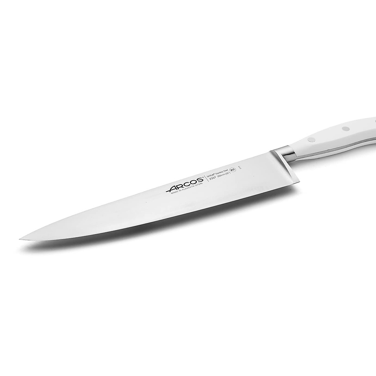 ARCOS Forged Chef Knife 10 Inch Stainless Steel. Professional Cooking Knife For Cutting Variety of Foods. Ergonomic Polyoxymethylene Handle and 250mm Blade. Series Riviera Blanc. Color White