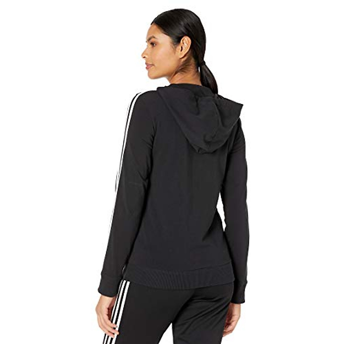 adidas Women's Essentials Single Jersey 3-Stripes Full-Zip Hoodie, Black/White, Medium