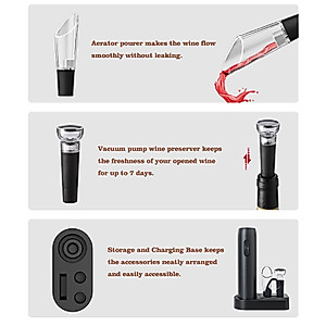 VGY Rechargeable Electric Wine Opener, 5 in 1 set with Automatic Electric Wine Bottle Corkscrew Opener, Foil Cutter, Vacuum Stopper, Wine Pourer and Storage Charging Stand