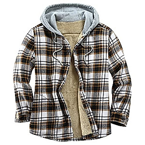 Derbars Men's Sherpa Lined Winter Jackets Warm Camp Hooded Flannel Shirt for Men Khaki Medium