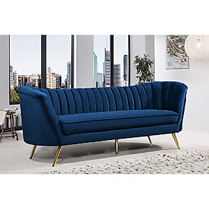 Meridian Furniture Margo Collection Modern | Contemporary Velvet Upholstered Sofa with Deep Channel Tufting and Rich Gold Stainless Steel Legs, Navy, 88" W x 30" D x 33" H