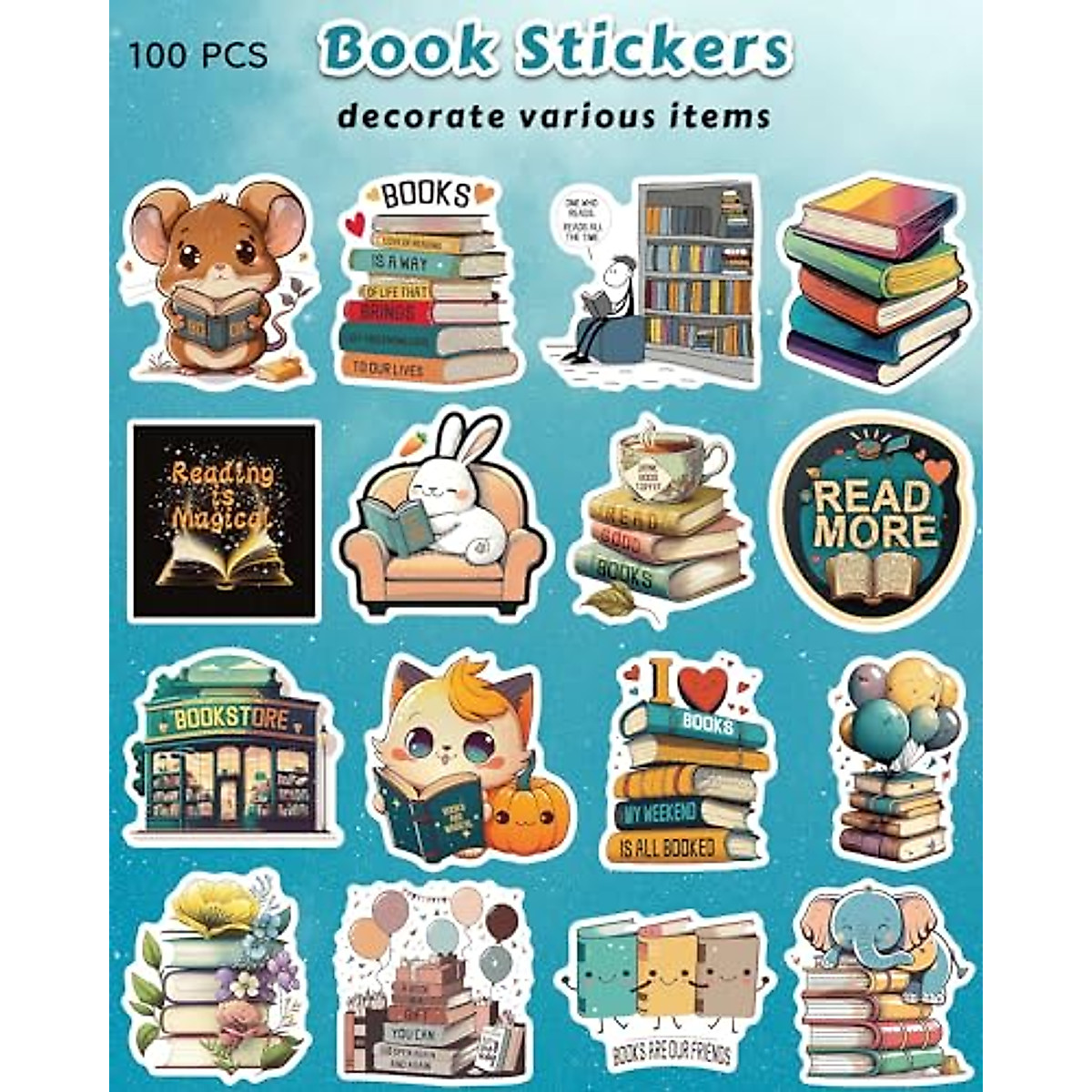 100 Pcs Book Stickers for Kids Teens, Bookish Reading Stickers for Students Teachers, Girls Boys Book Lovers Gifts Accessories, Cute Bookish Decorations for Kindle Water Bottles Laptop