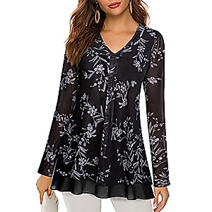 Triratna Women's Tunic Tops Work Blouses for Women Office Professional Pleated Front Ruffle Hem V Neck Double Layers Fancy Gorgeous Tunic Shirts Vacation Dressy Tops Black-White Floral,L