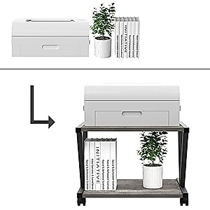 VEDECASA 2 Tier Mobile Printer Stand with Wheels Wooden Desktop Industrial Printer Table Under Desk Office Storage Organization Shelf (Dark Grey)