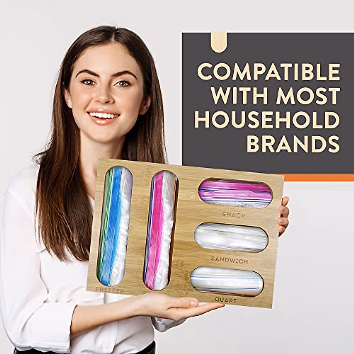 Catjo Bamboo Ziplock Bag Organizer for Drawer - 5 in 1 Food Storage Bag Organizer for Gallon, Quart, Sandwich and Snack - Small Variety Sized Plastic Ziplock Bag Container Organizer