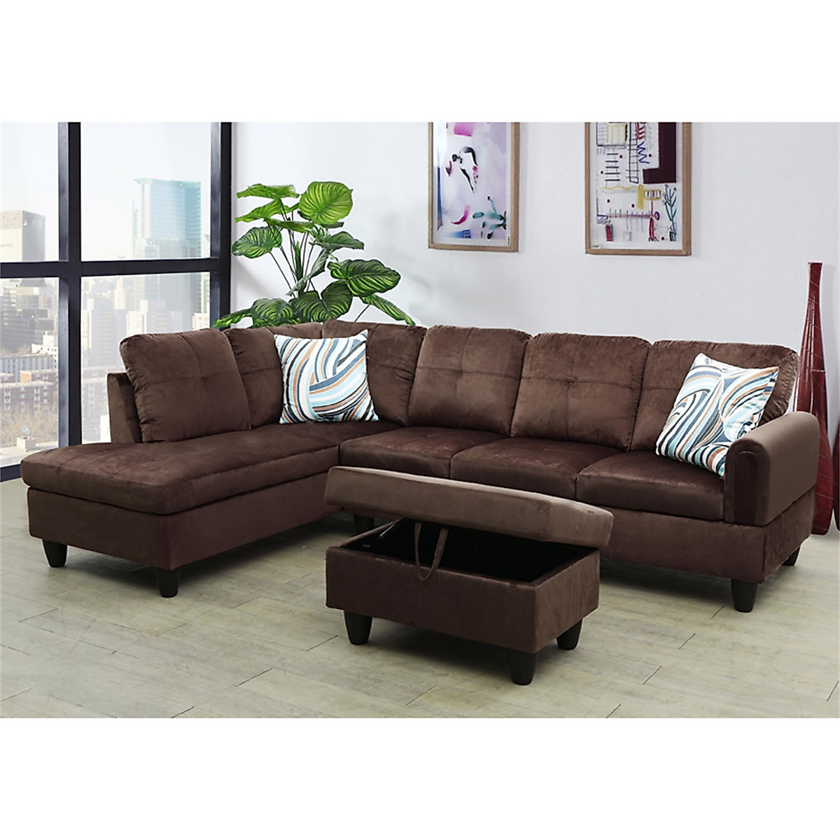 NOTOP Seater 3-Piece Flannel L-Shaped Sectional Sofas, Button Tufted Upholstered Couch Set with Left Chaise Longue and Storage Ottoman, for Living Room, Home, Office, Chocolate, 97