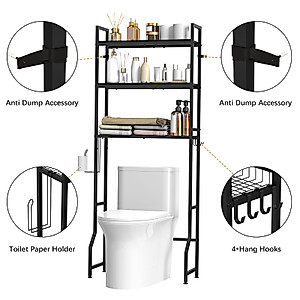 NOVIMANGO Over The Toilet Storage 3 Tier Over Toilet Bathroom Organizer Wooden Bathroom Space Saver Freestanding Above Toilet Stand with 4 Hooks Black Over The Toilet Rack for Restroom, Laundry