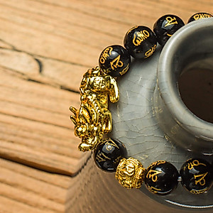 Feng Shui 14mm Black Hand Carved Mantra Beads Bracelet with 1 Golden Pi Xiu/Pi Yao and 1 Golden Mantra Bead Attract Lucky Wealthy