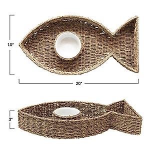 Creative Co-Op Hand-Woven Seagrass Fish Shaped 8oz. Ceramic Chip & Dip Bowl, 8 oz, Natural