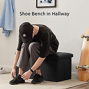 YOUDENOVA 30 inches Folding Storage Ottoman, 80L Storage Bench for Bedroom and Hallway, Faux Leather Black Footrest with Foam Padded Seat, Support 350lbs