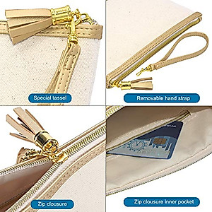DEMOMENT Canvas Tassel Zipper Organizer Pouch With Removable Wrist Strap for Makeup and Cosmetic. Large purse and Coin Case and Pencil Case. Good For Travelling Working Study (2 pieces-Golden)