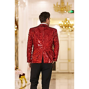 COOFANDY Mens Sequin Suit Jacket Stylish Shawl Lapel Glitter Blazer Jacket with Pockets Red