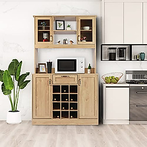OKL Kitchen Pantry Storage Cabinet, 71" Traditional Freestanding Kitchen Buffet with Hutch with Microwave Countertop & Shelves, Kitchen Cupboard with Glass Doors for Living Room, Dining Room, Brown