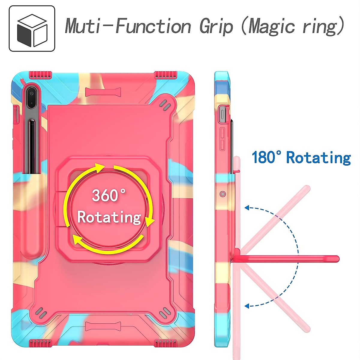 Galaxy Tab S8 Plus Case/Galaxy Tab S7 FE 5G Case Kids/Tab S7 Plus Case 12.4" SM-T738, Dteck Shockproof Case with 360°Swivel Kickstand Case for Samsung Galaxy Tab S8+/Tab S7 FE/Tab S7+, Rainbow & Rose