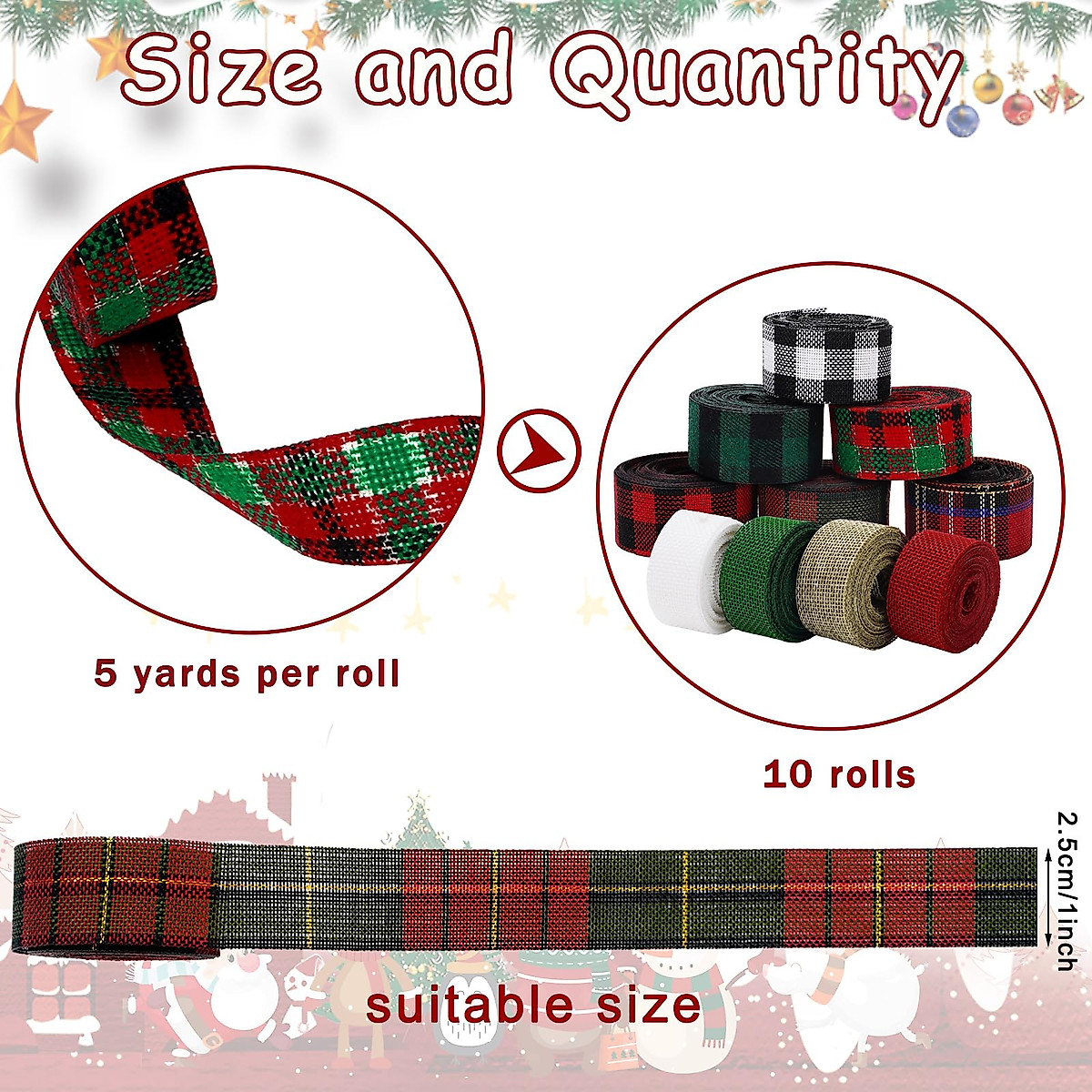 Whaline 10 Rolls 50 Yards Christmas Burlap Ribbon Rolls 1 Inch Wired Plaid Wrapping Ribbon Xmas Decorative Ribbon for Wreath Bow Gift Decor