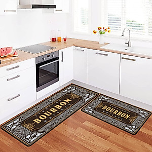 Kitchen Rugs Set Bourbon Whiskey Ornate Vintage Decorative Label Stock Kitchen Mat for Floor Non-Slip Washable Kitchen Runner Doormat Bath Rug Carpet Comfort Standing Mats Decorations