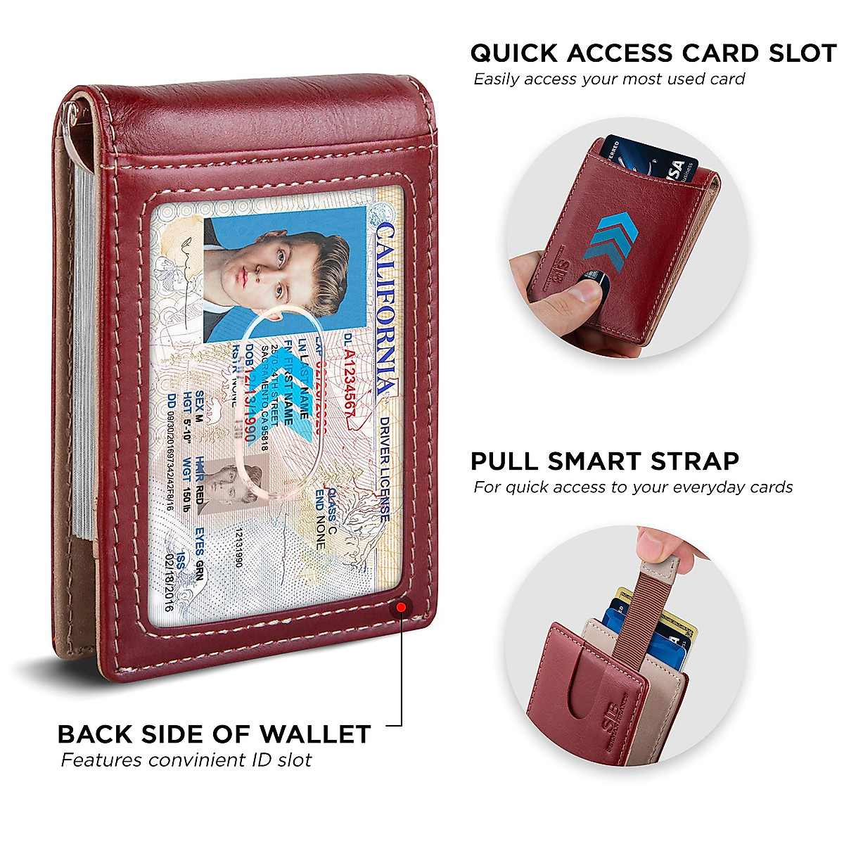 SERMAN BRANDS RFID Blocking Slim Bifold Genuine Leather Minimalist Front Pocket Wallets for Men with Money Clip Thin Gift (Ruby Red 1.S)