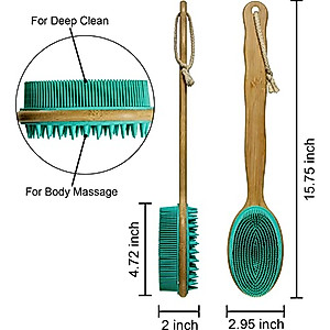 Silicone Body Scrubber with Long Handle, Dual-Sided Exfoliating Back Scrubber, 2 in 1 Bath Shower Brush for Dry and Wet - Green