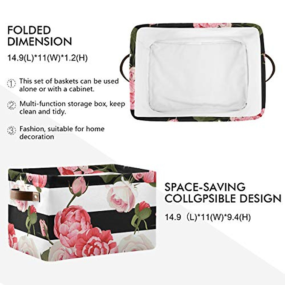 AGONA Large Foldable Storage Bin Peony Roses Black White Stripes Storage Bins Collapsible Decorative Fabric Storage Baskets with Leather Handles for Home Closet Bedroom Organizer Nursery 1 Pack