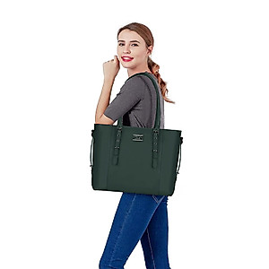 MOSISO PU Leather Laptop Tote Bag for Women (13-13.3 inch), Waterproof Large Capacity Business Work Briefcase Shoulder Laptop Bag, Midnight Green